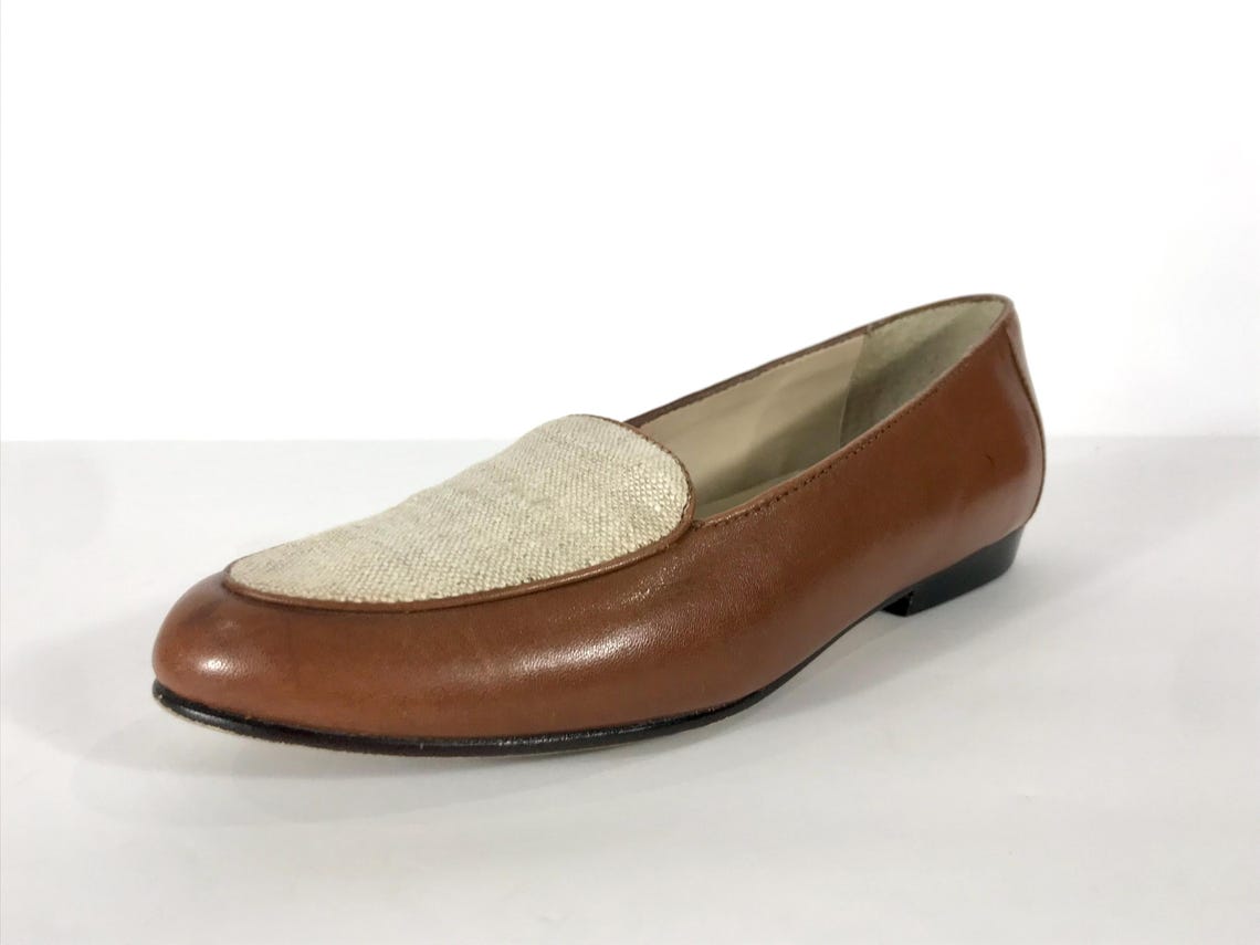 90s Slip-on Shoes, Linen and Brown Leather, Calico, Size 7.5M, Made in ...