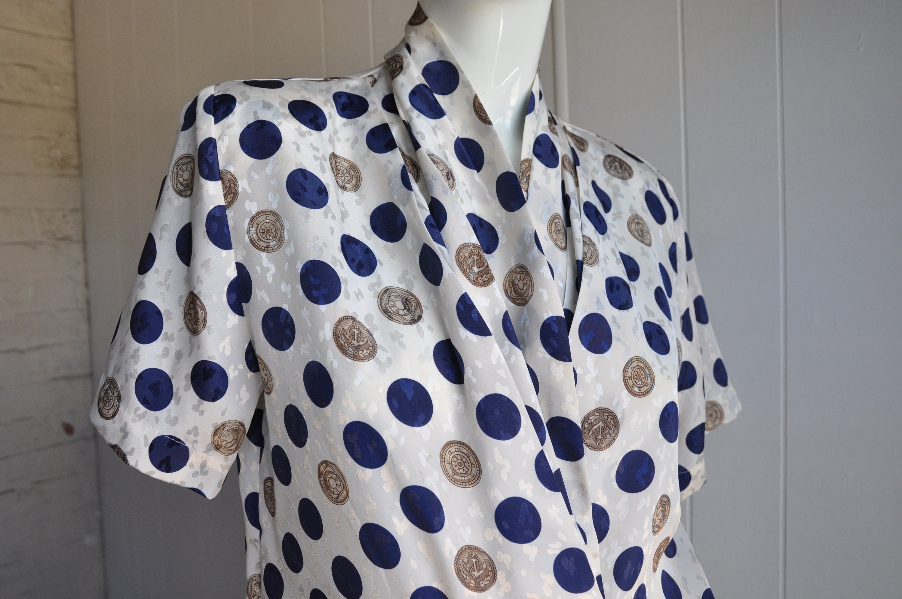 80s Polka Dot Blouse Nautical Navy Blue and Gold W/ Anchors - Etsy