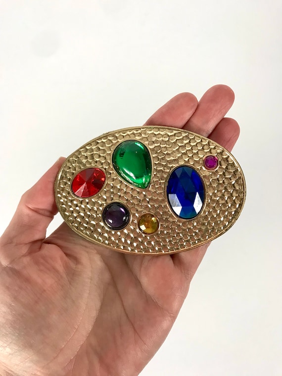 80s Hammered Metal Rainbow Gemstone Belt Buckle - Gem