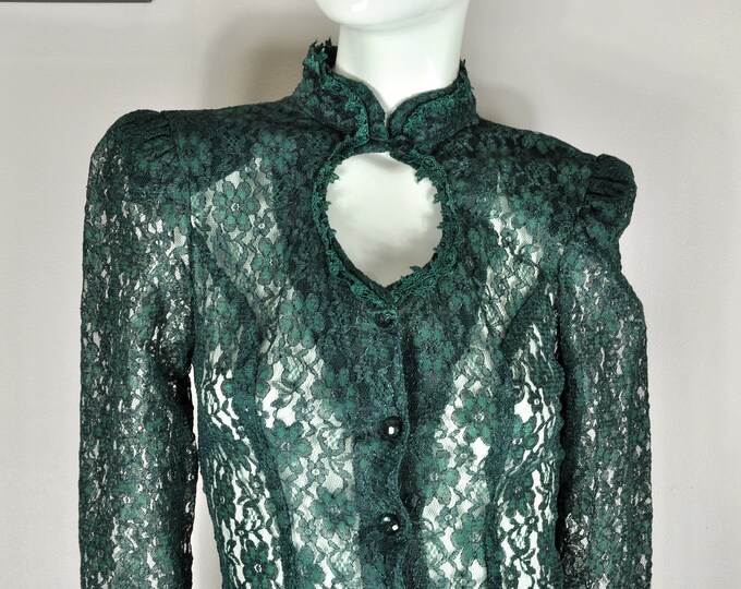 80s Forest Green Lace Dress W/ Keyhole Bust, Mock Neck, Back Tie, Size ...