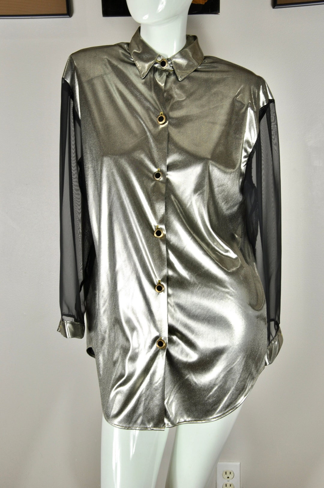 80s Liquid Silver Lamé Blouse, Main Frame, Oversized Medium, Disco ...