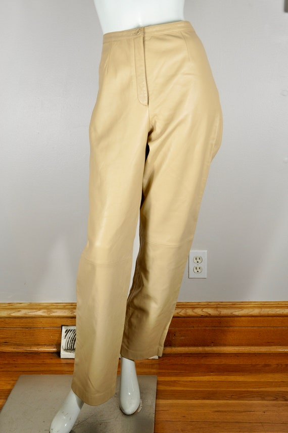 90s Tan Beige Leather Safari Pants, Mixit, Size 12 Wa… - Gem