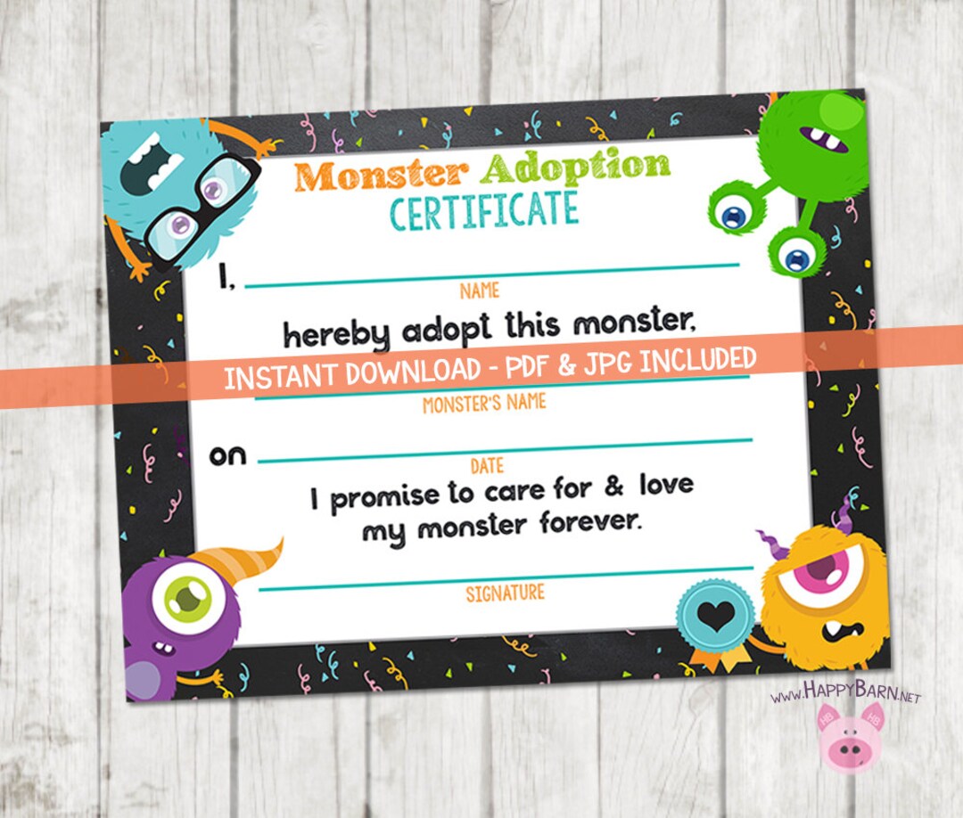 Monster Certificate, Printable Adopt A Monster Adoption Certificate - Etsy
