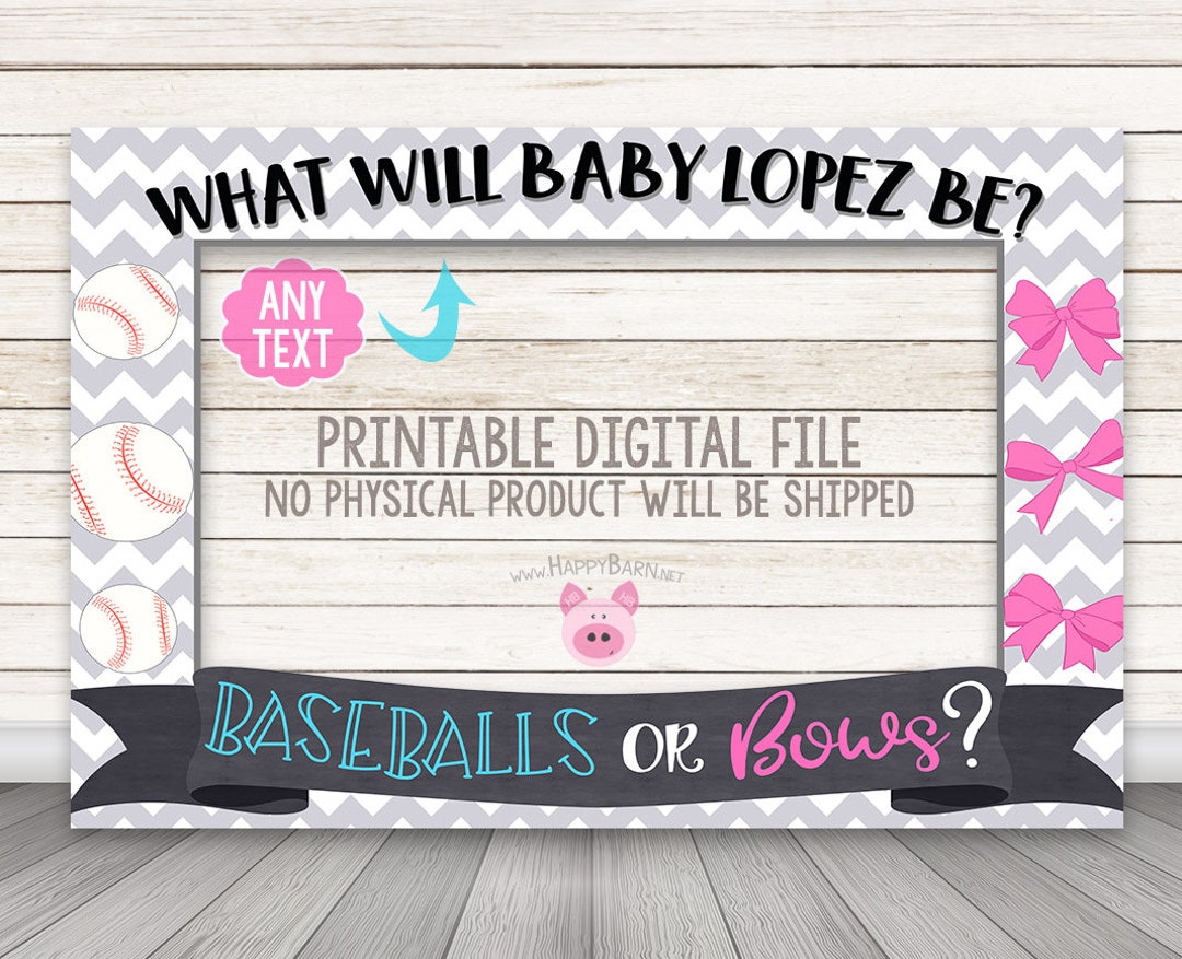 Printable Gender Reveal Photo Booth Frame, Baseballs or Bows, Baseballs ...