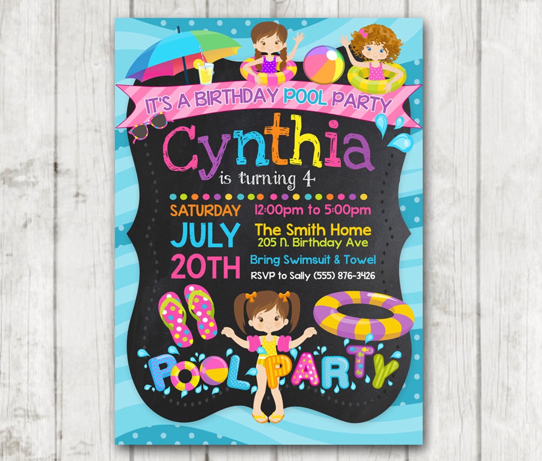 Printable POOL PARTY Birthday Invitations Girls Pool Party Invitation ...