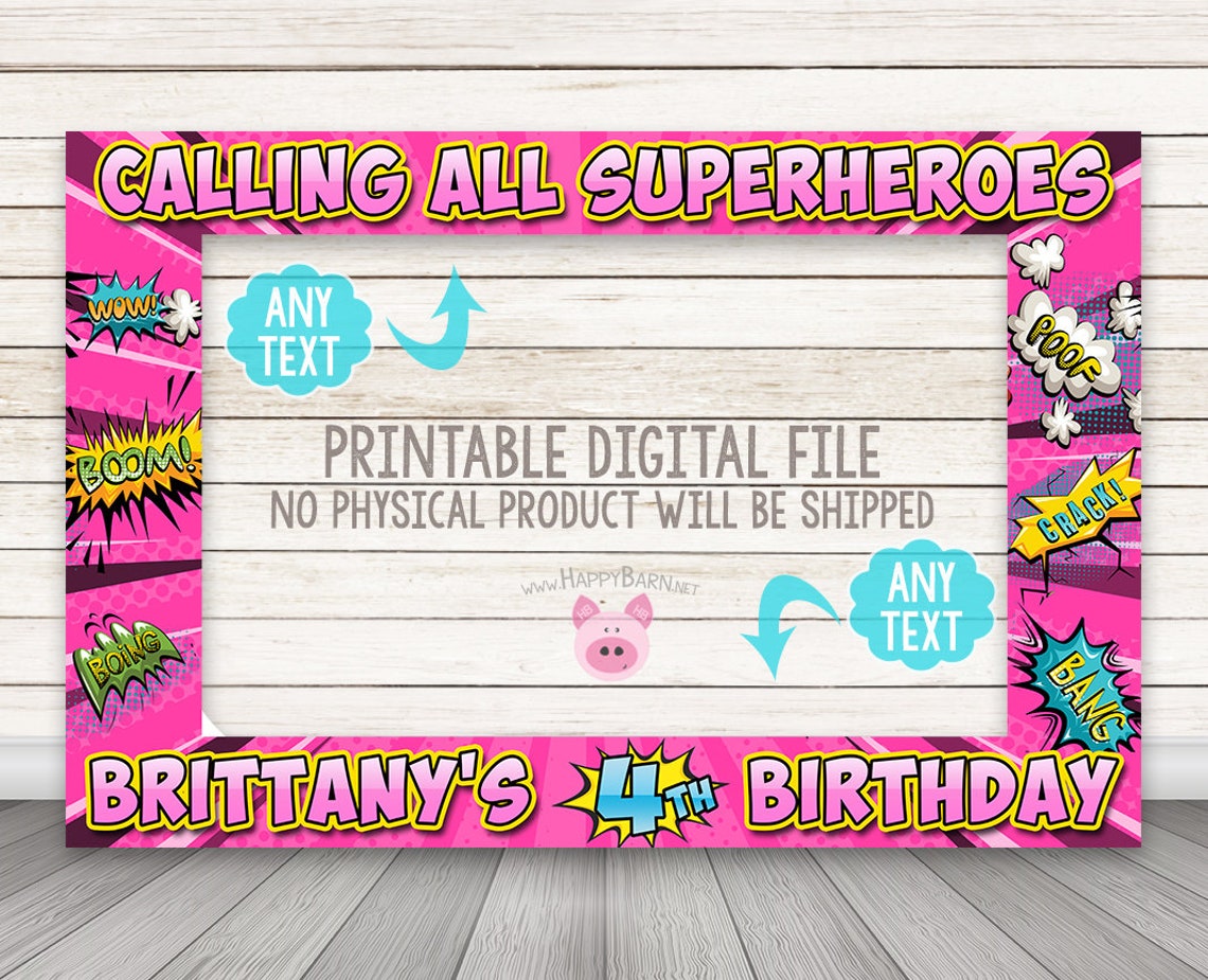PRINTABLE Superhero Photo Booth Frame, Superhero Birthday Party, Girl's ...