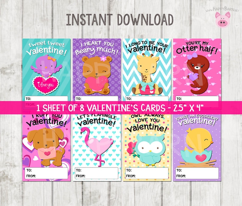 Printable Animals Valentine's Day Cards, Kids School Valentines Cards ...