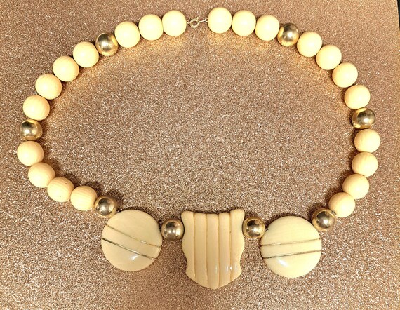 French Ivory and Gold Vintage Celluloid Beaded Neckla… - Gem
