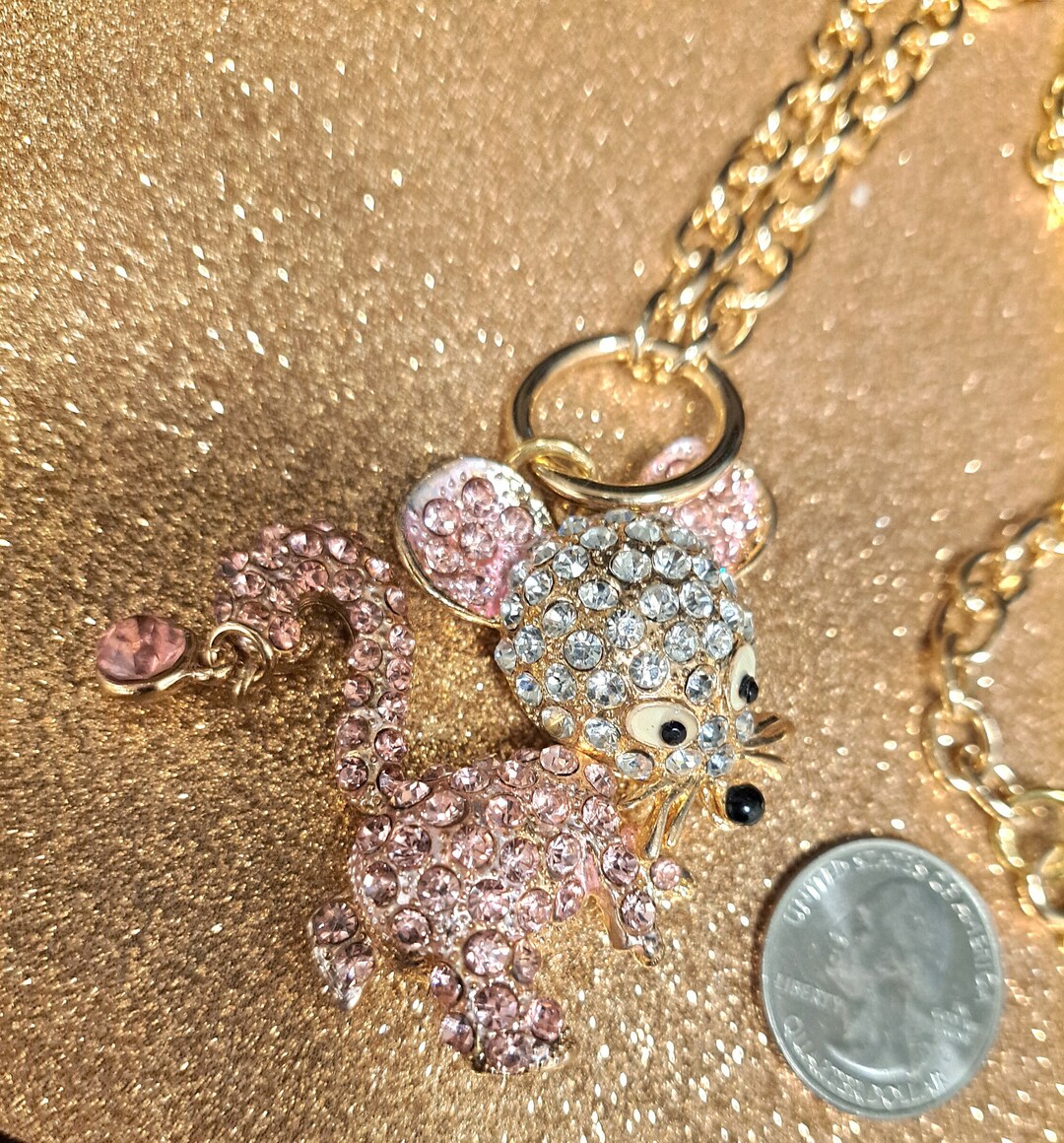 Crystal Clear and Pink Rhinestone Mouse Animated Head Vintage Necklace ...