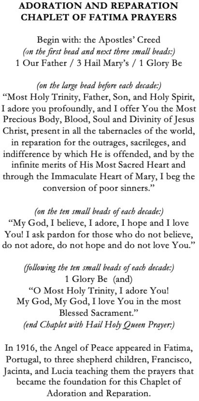 Adoration and Reparation Catholic Chaplet of Fatima Prayers - Etsy UK