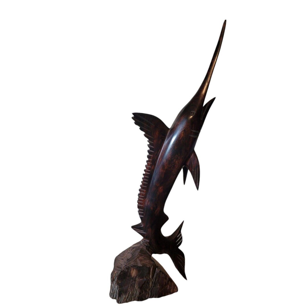 19.25" Hand Carved Iron Wood Marlin Sailfish Swordfish Statue Mid ...