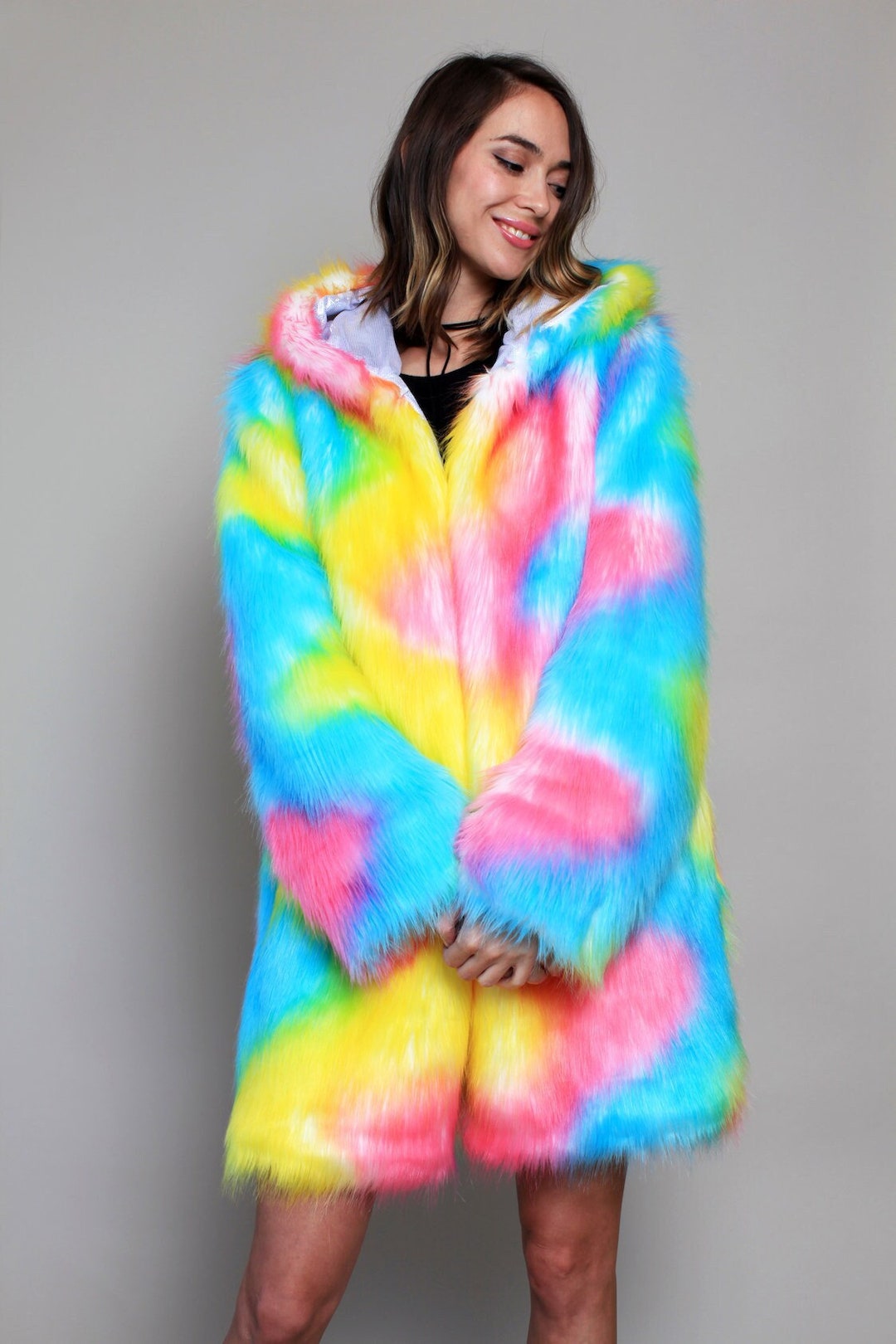Rainbow Faux Fur Coat: Reversible Festival Costume Jacket - Etsy