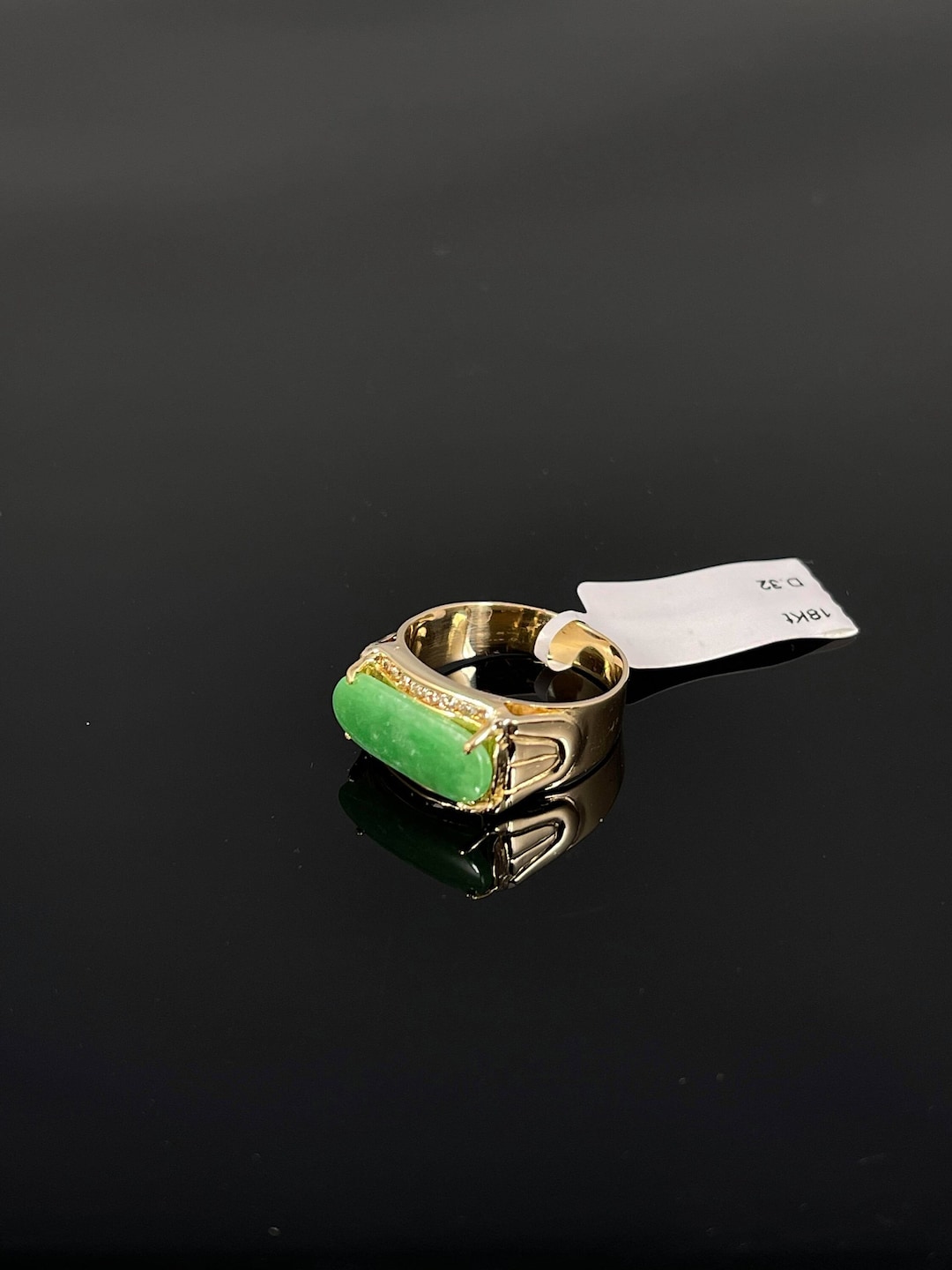 18K Yellow Gold Natural Oval Cut Jade and Diamond Stacked 3-row Ring ...