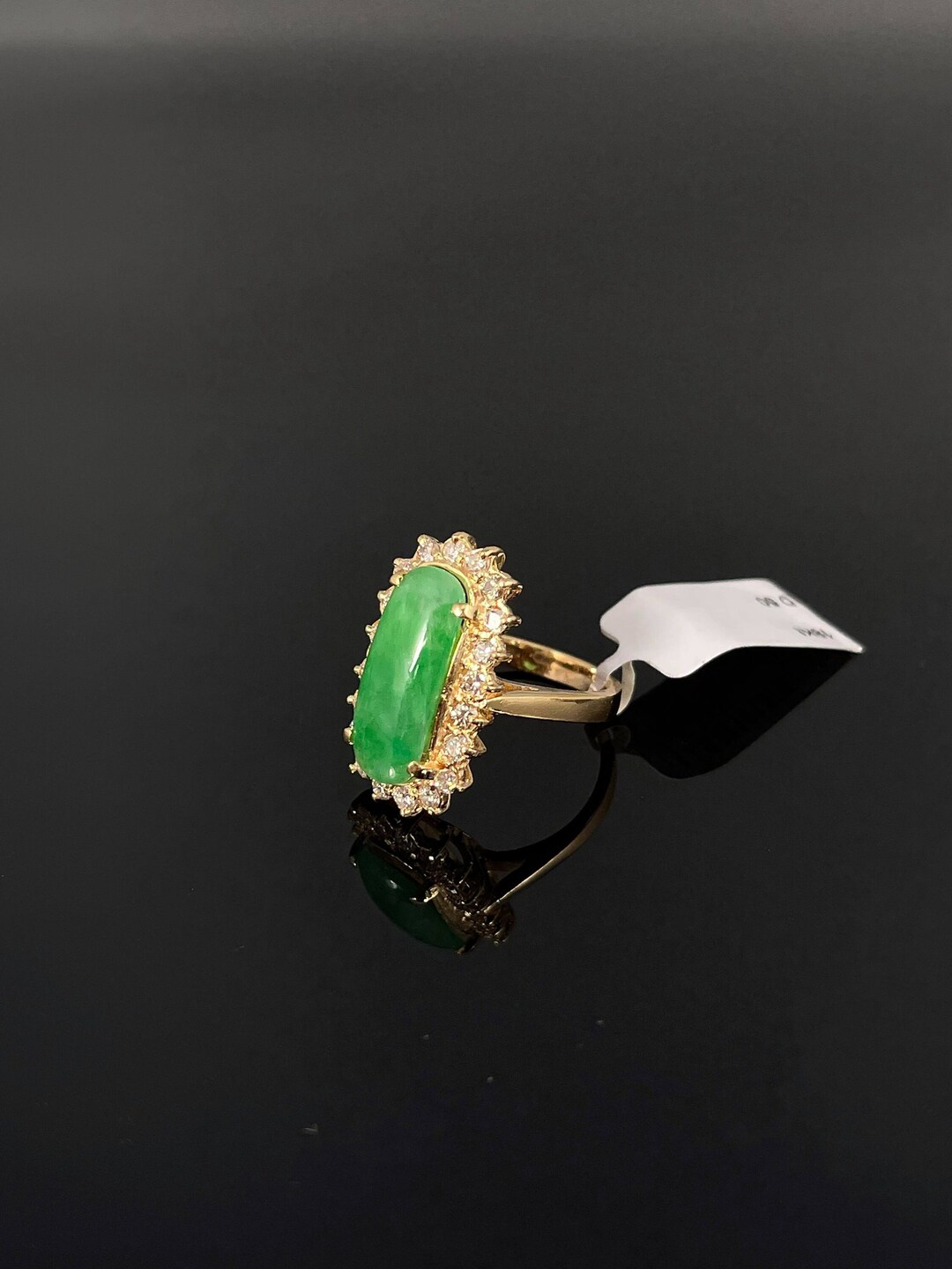 18K Yellow Gold Natural Oval Cut Jade Stone and Diamond Halo Styled ...