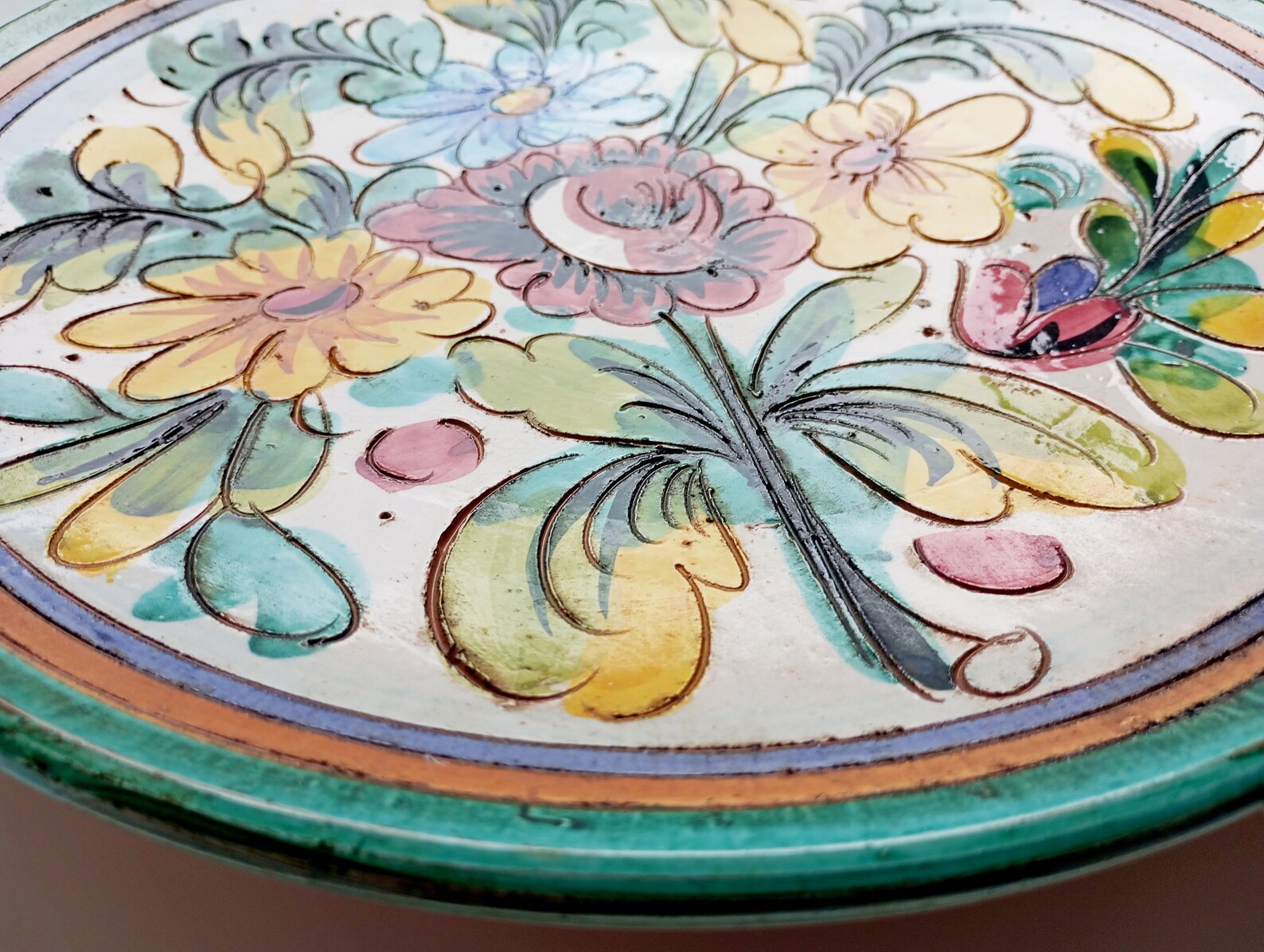 Large Floral Ceramic Wall Plate Hand Painted Vintage Rustic Decor ...
