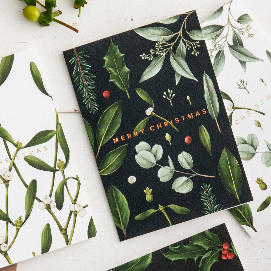 Botanical Christmas Card - Greenery - Black - Copper Foil - Etsy