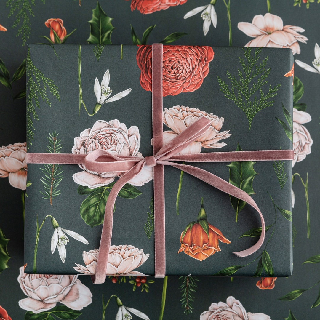 Christmas Wrapping Paper - Luxury Eco Gift Wrap - Berry Roses - Navy ...