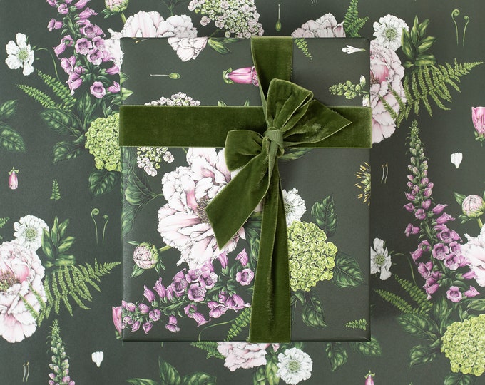 Botanical Wrapping Paper - Recycled Gift Wrap - Summer Garden - Dark ...