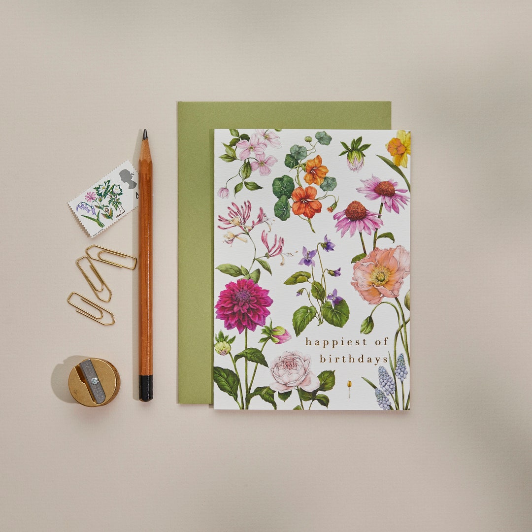 Botanical Greeting Card - Bountiful Blooms - Happiest of Birthdays - Etsy