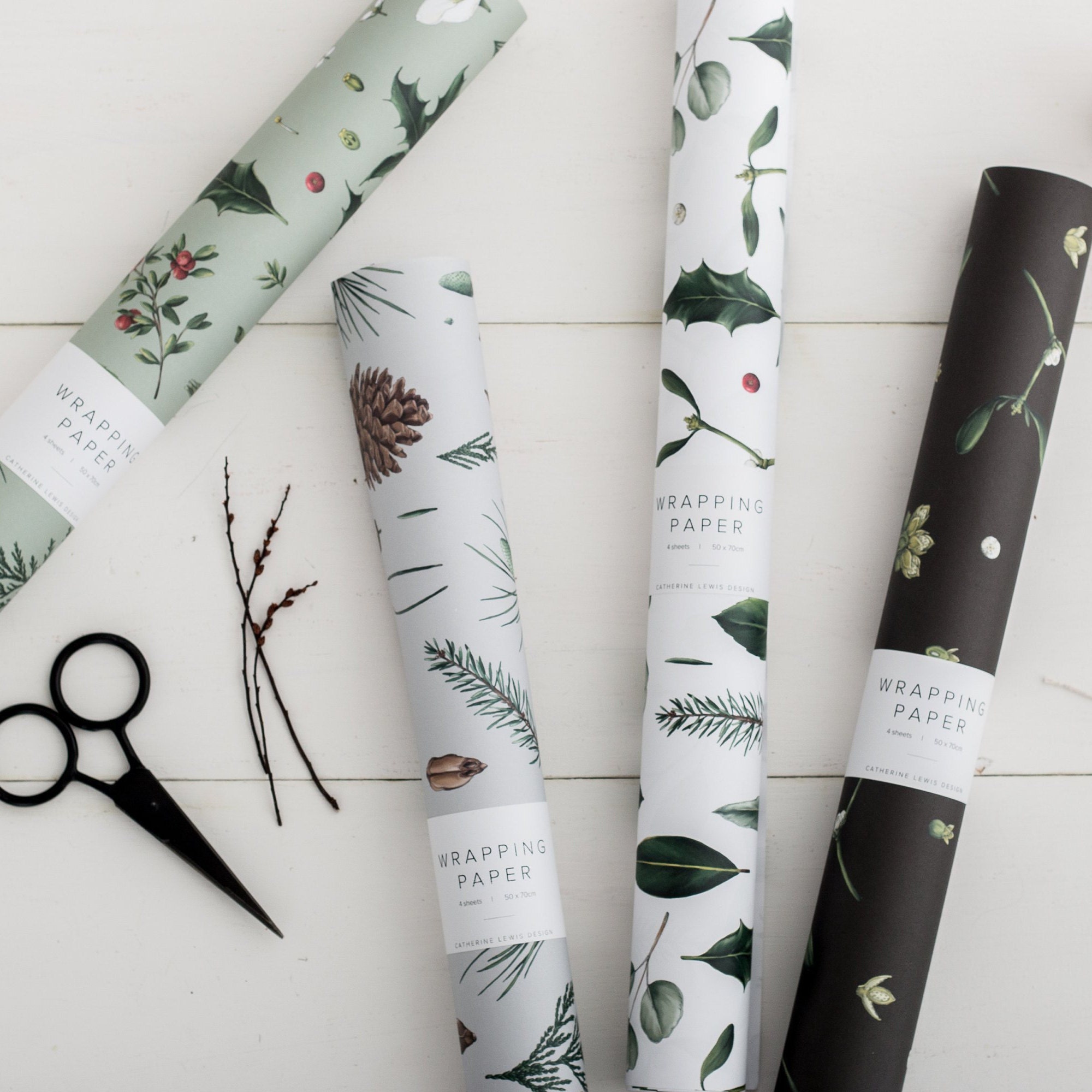 Christmas Botanical Wrapping Paper - Luxury Eco Gift Wrap - Grey Pine ...