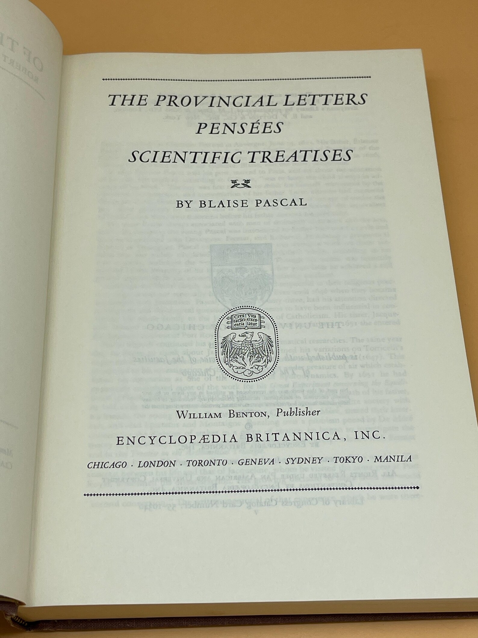 Pascal the Provincial Letters Pensees Scientific Treatises 1952 ...
