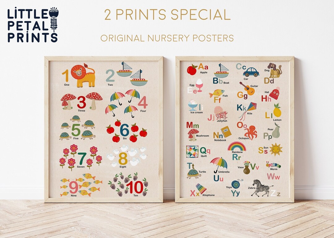 ABC Alphabet and Counting Numbers Set of 2 Prints, English Vintage ...