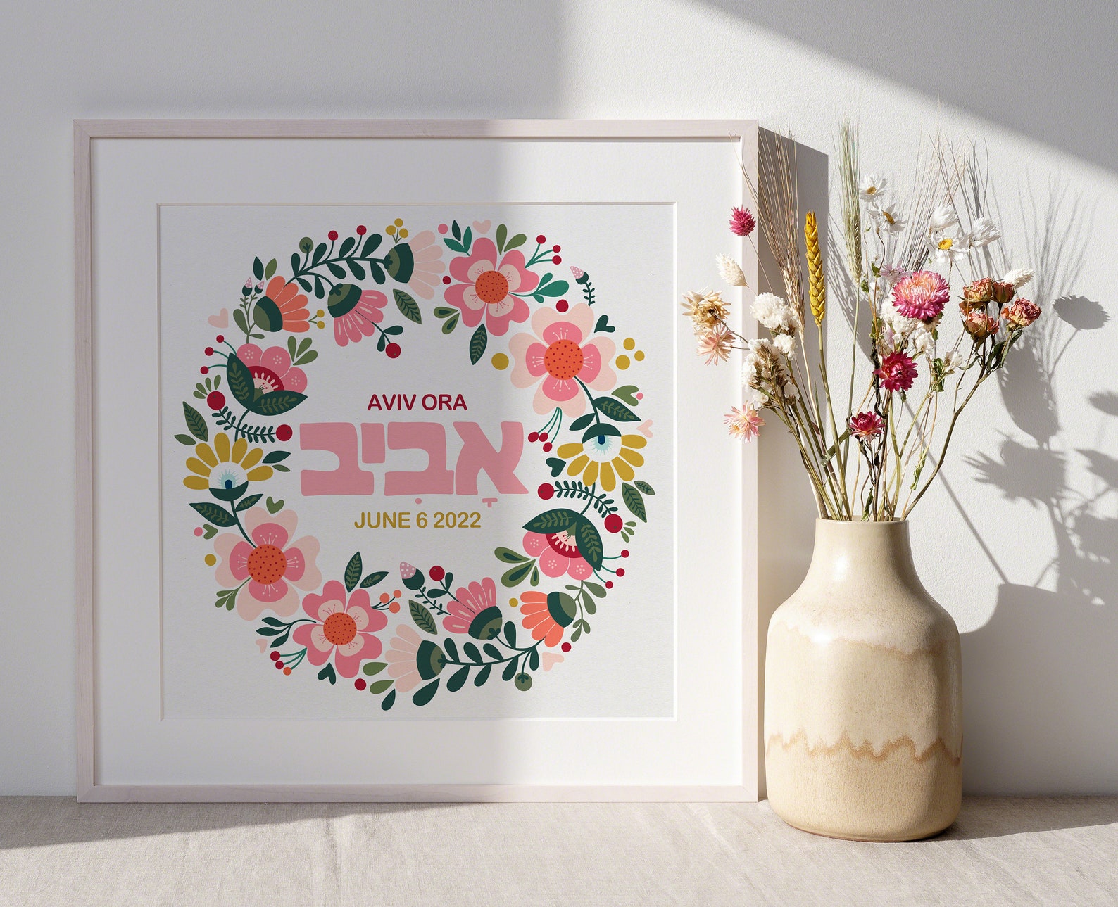Custom Hebrew Name Original Art. Birthday Gift. Jewish Baby Girl Gift ...