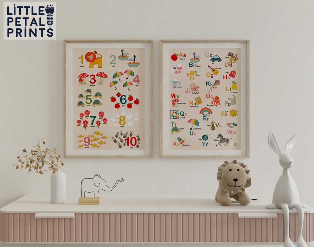 ABC Alphabet Numbers Set of 2 Prints Vintage Style Original Art Poster ...