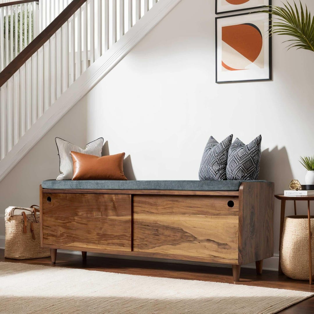 Midcentury Entryway Bench From Solid Hardwood With Storage Shelving and ...