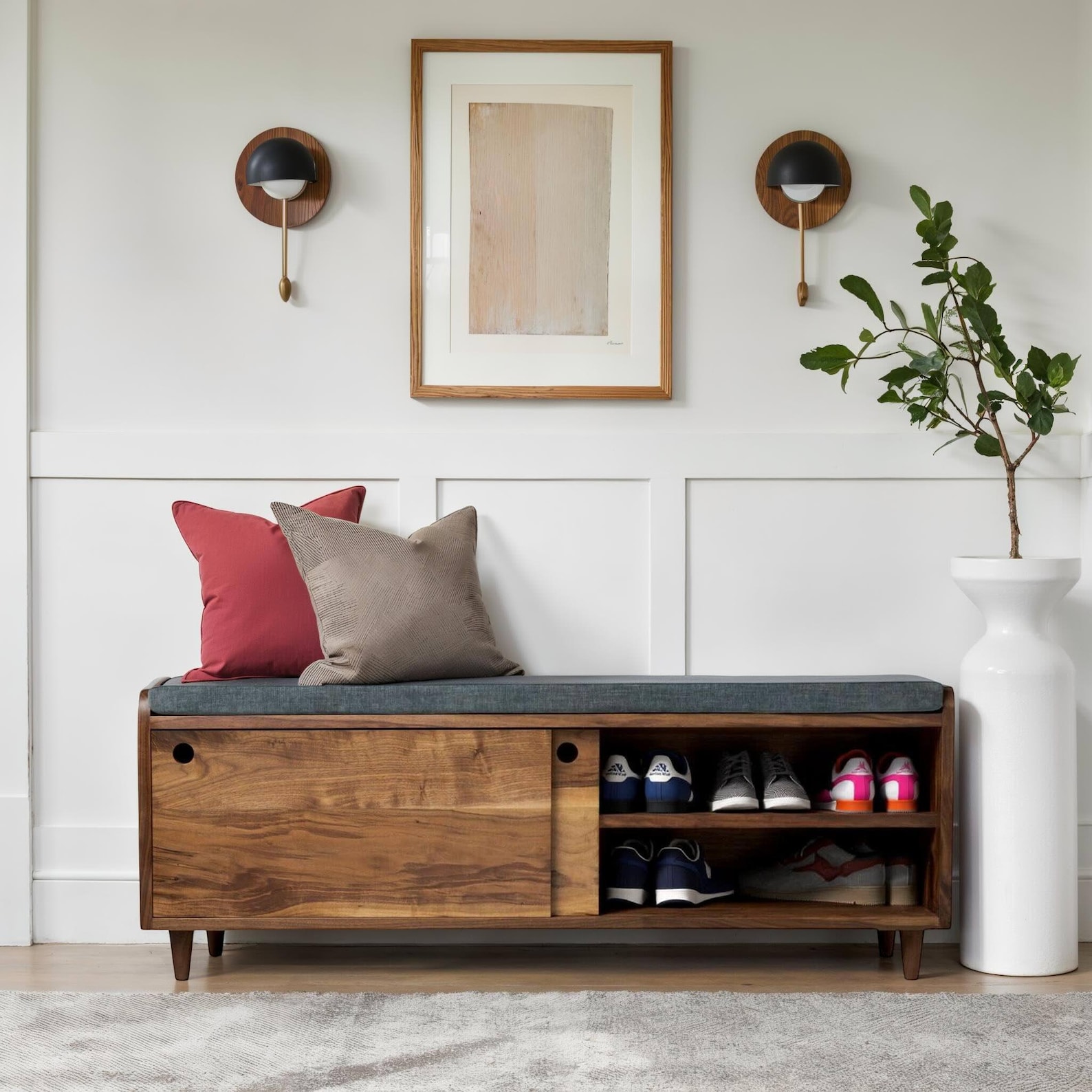 Midcentury Entryway Bench From Solid Hardwood With Storage Shelving and ...