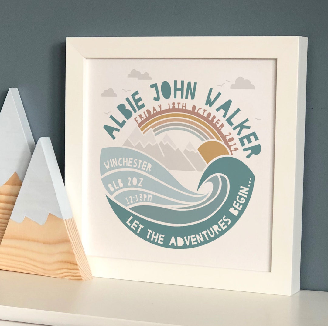 Framed or Unframed New Baby Mountain Adventure Personalised Print for ...