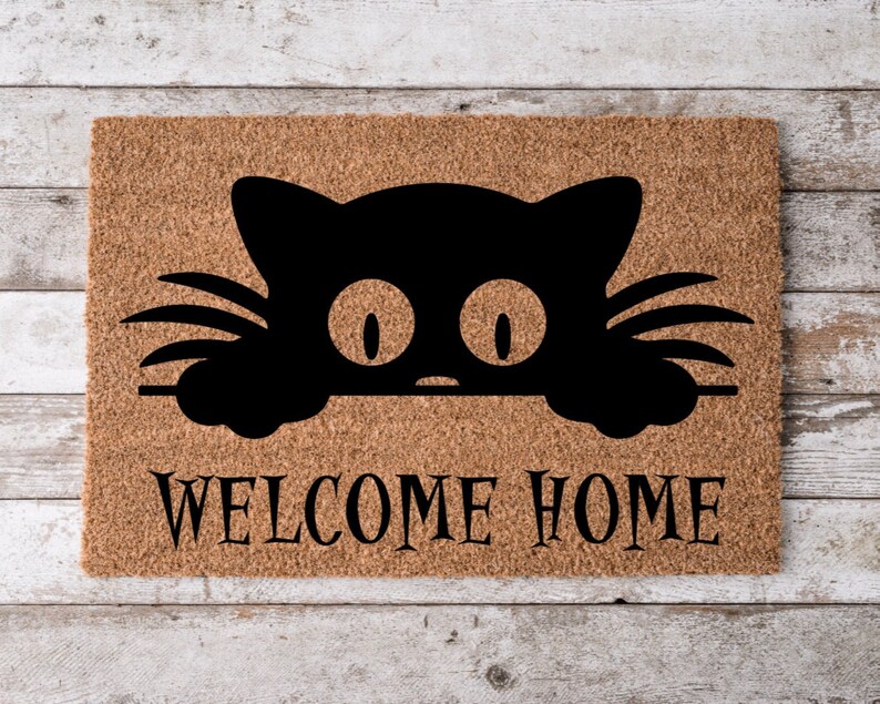 Welcome Home Sitting Cat Cute Black Cat Doormat Welcome - Etsy