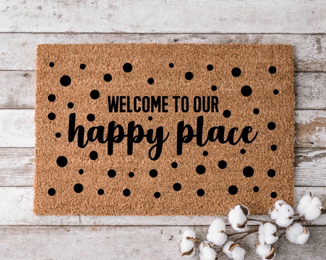 Welcome to Our Happy Place | Custom Welcome Mat | Cheerful Gift ...
