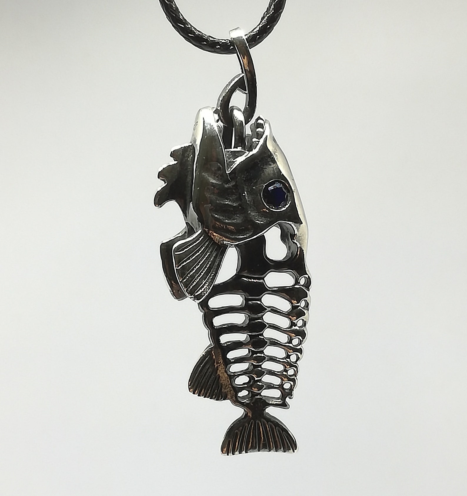 Pendant Barracuda Skeleton Fish Sterling Silver Blue Sapphire Necklace ...