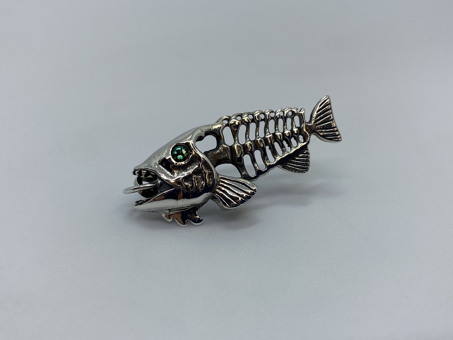 Pendant Skeleton Fish Sterling Silver Green Zircon Necklace - Etsy