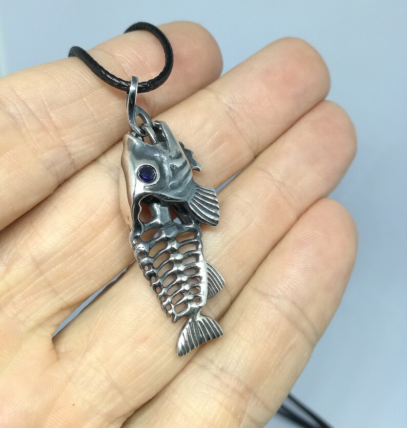 Pendant Barracuda Skeleton Fish Sterling Silver Blue Sapphire Necklace ...