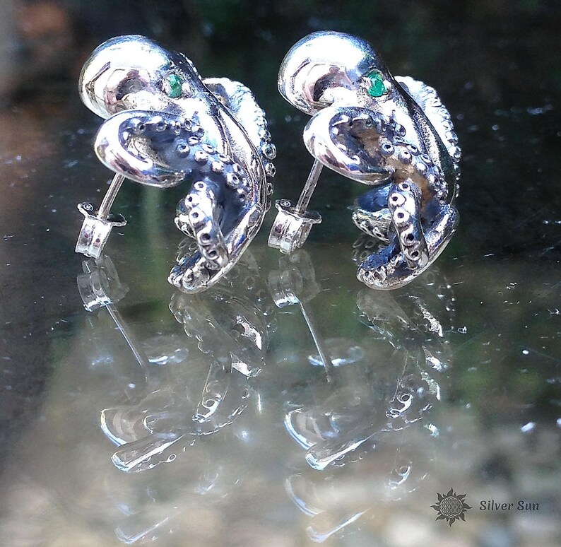 Earrings Octopus Sterling Silver Natural Green Emerald From | Etsy