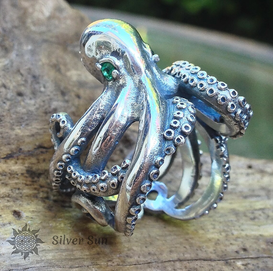 Sterling Silver Octopus Ring Eyes Green Emeralds Zambia | Etsy
