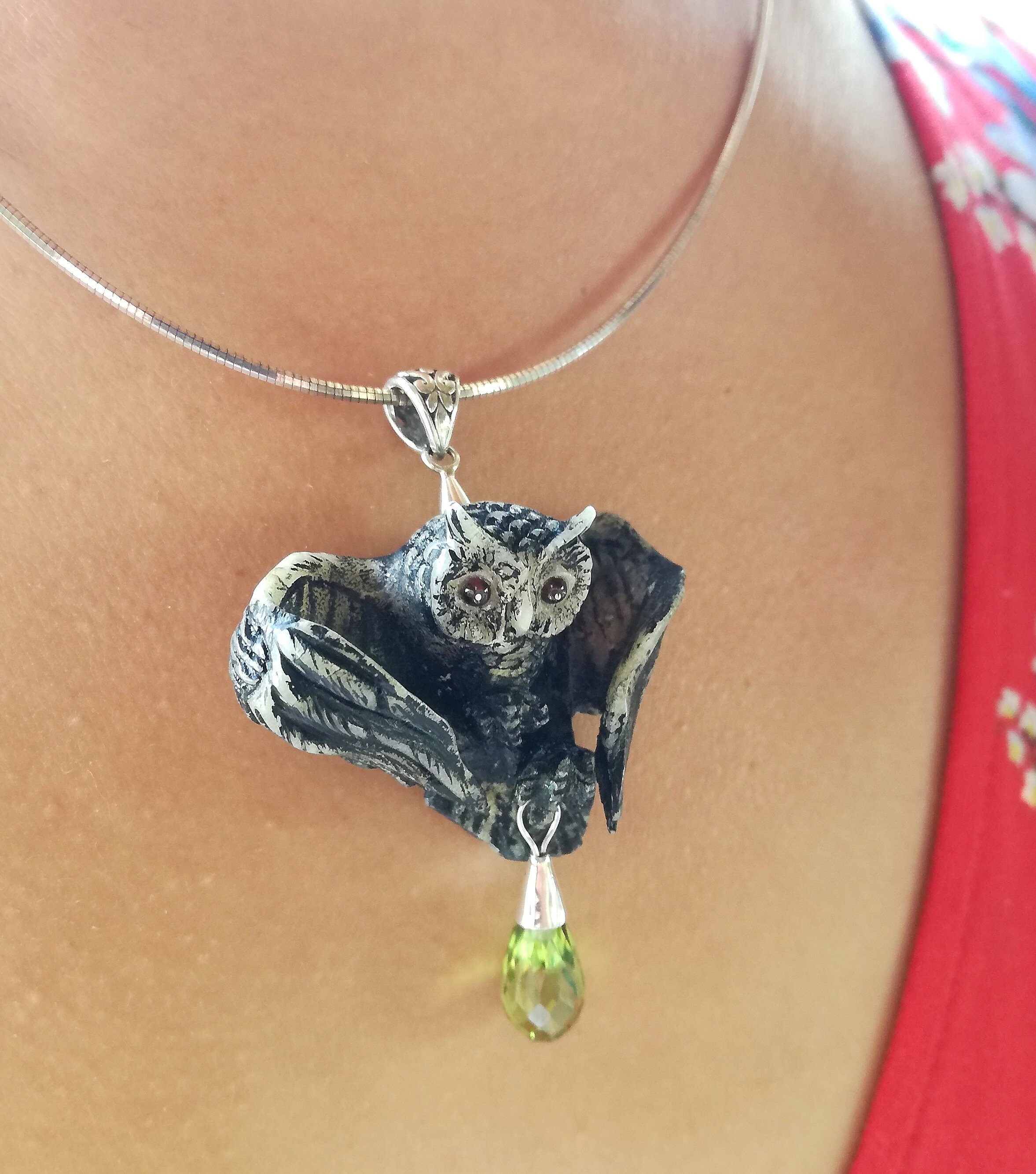 ONLY ONE Black Owl Amulet Pendant Carving Horn Red Garnet | Etsy