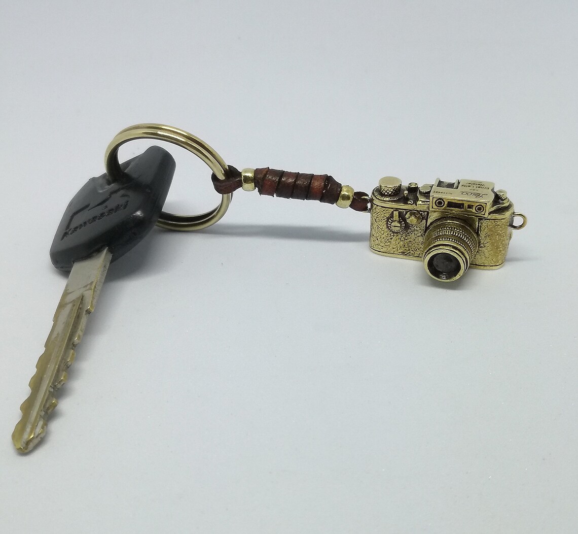 Photo Camera Leica Keychain Yellow Brass and Brown Leather Includes ...