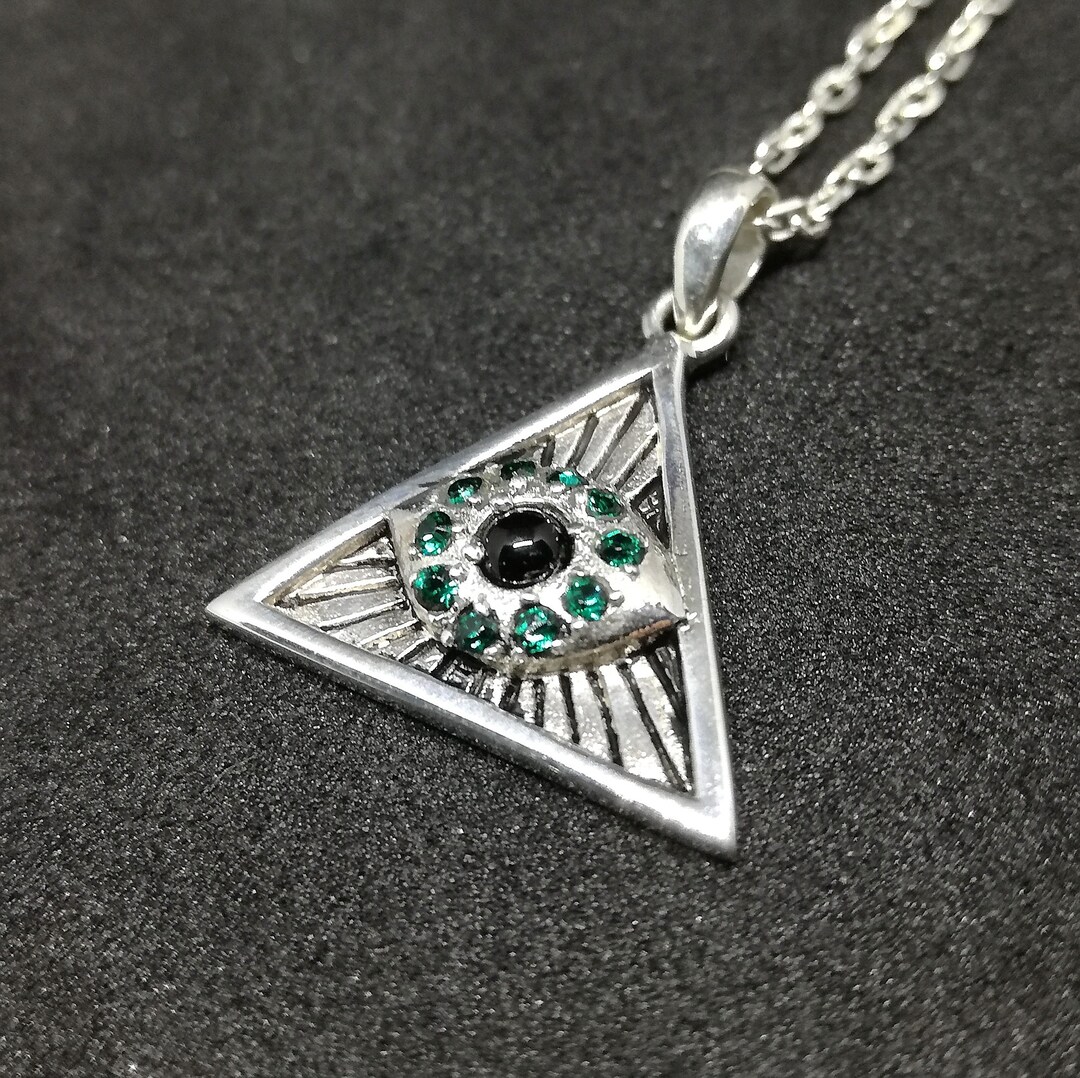 All Seeing Eye Necklace Chain Sterling Silver Pendant Black Onyx Green ...