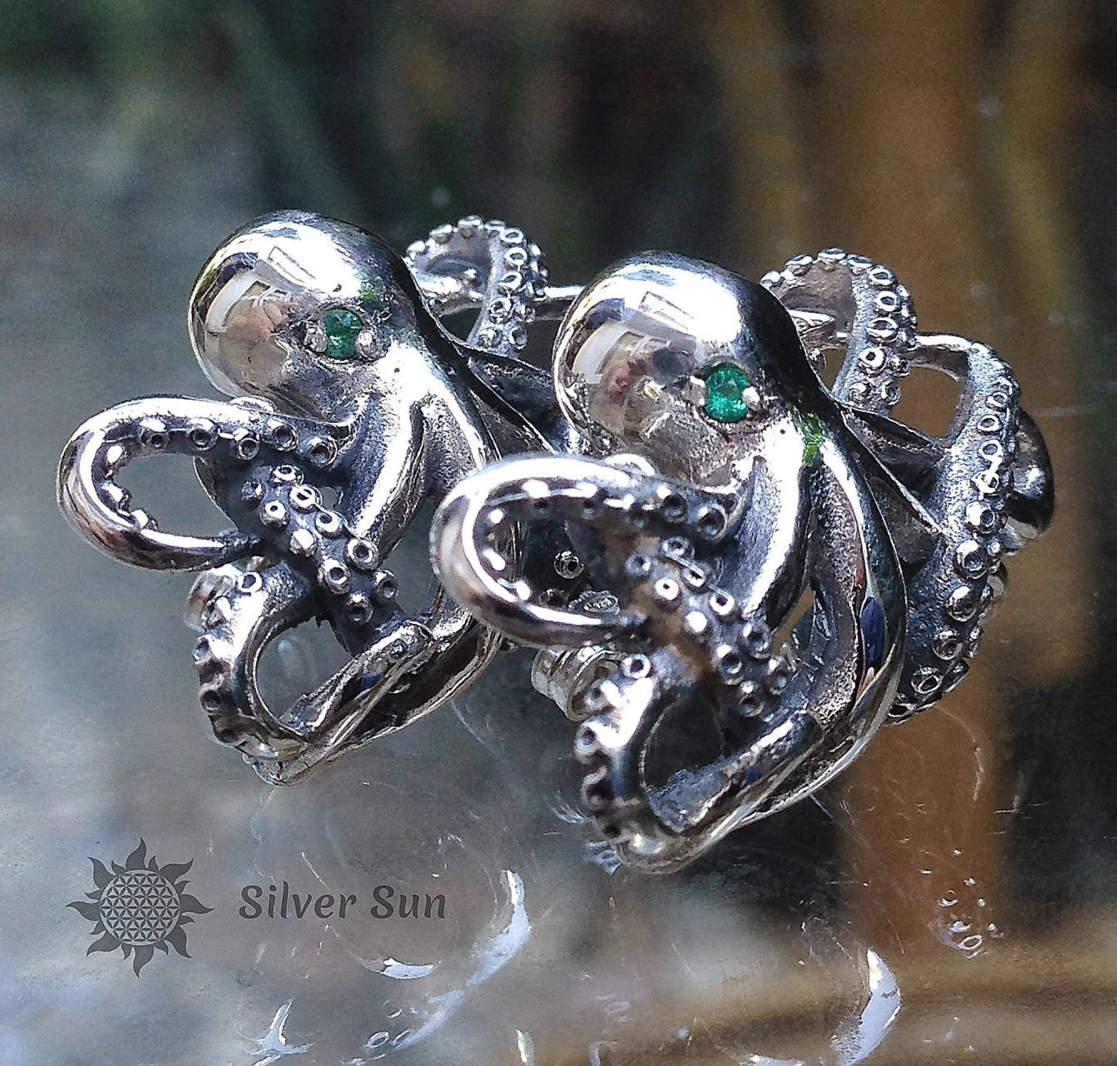 Earrings Octopus Sterling Silver Natural Green Emerald from | Etsy