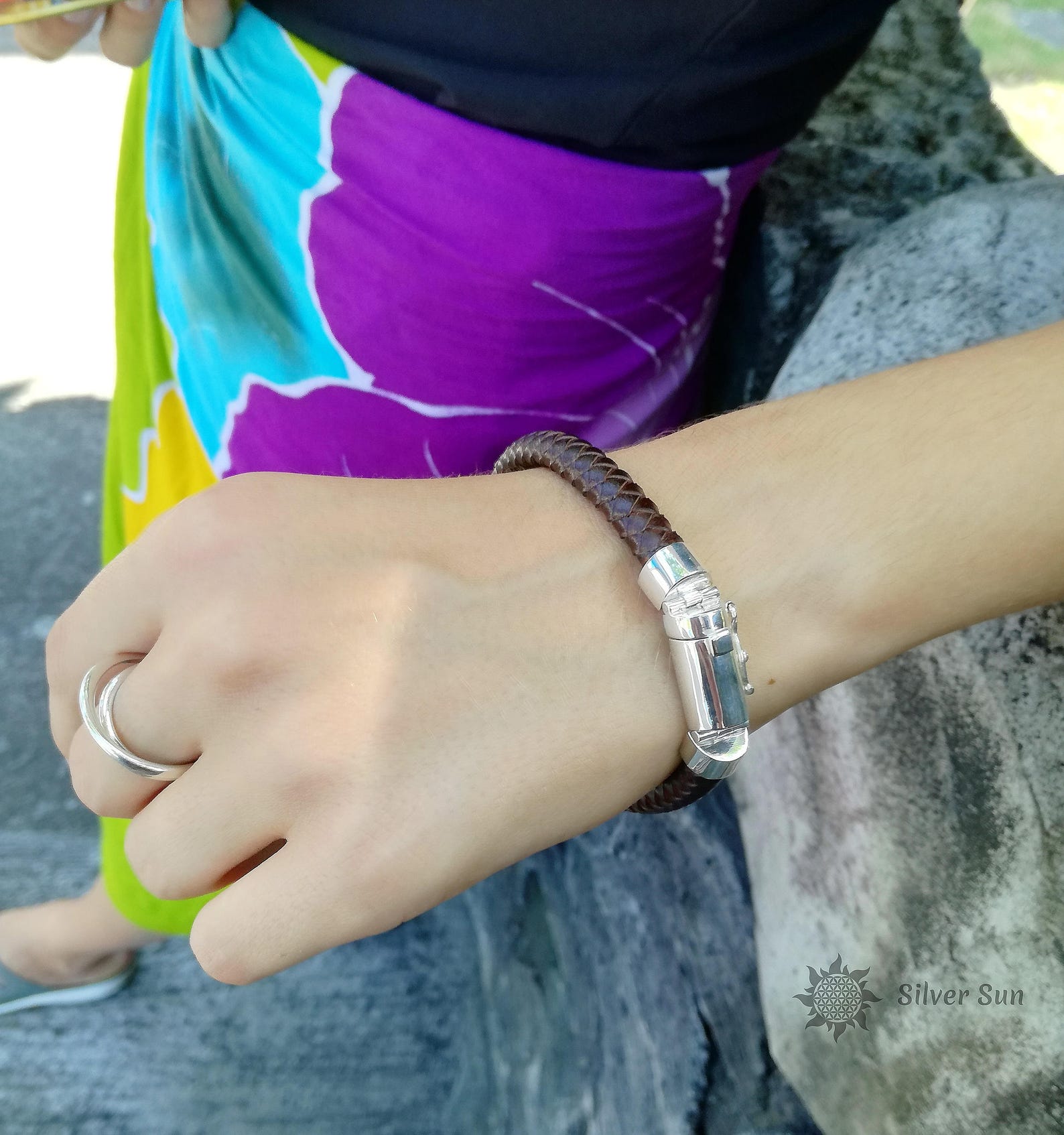 Bracelet Leather Sterling Silver Lock Black and Brown Color - Etsy