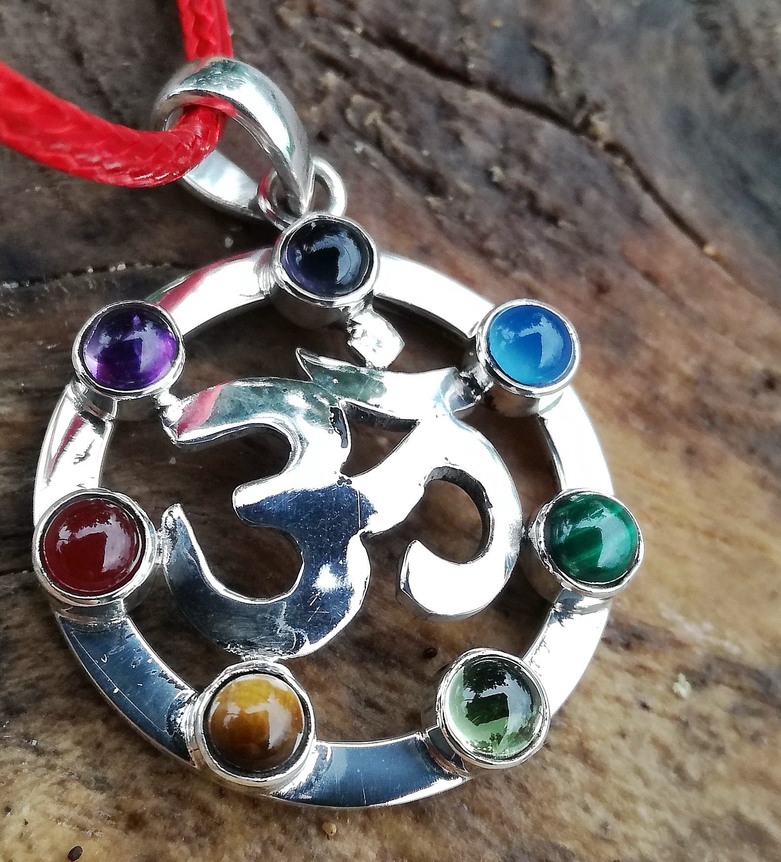 Ohm And 7 Chakra Multi-Colored Stones Pendant Sterling Silver | Etsy