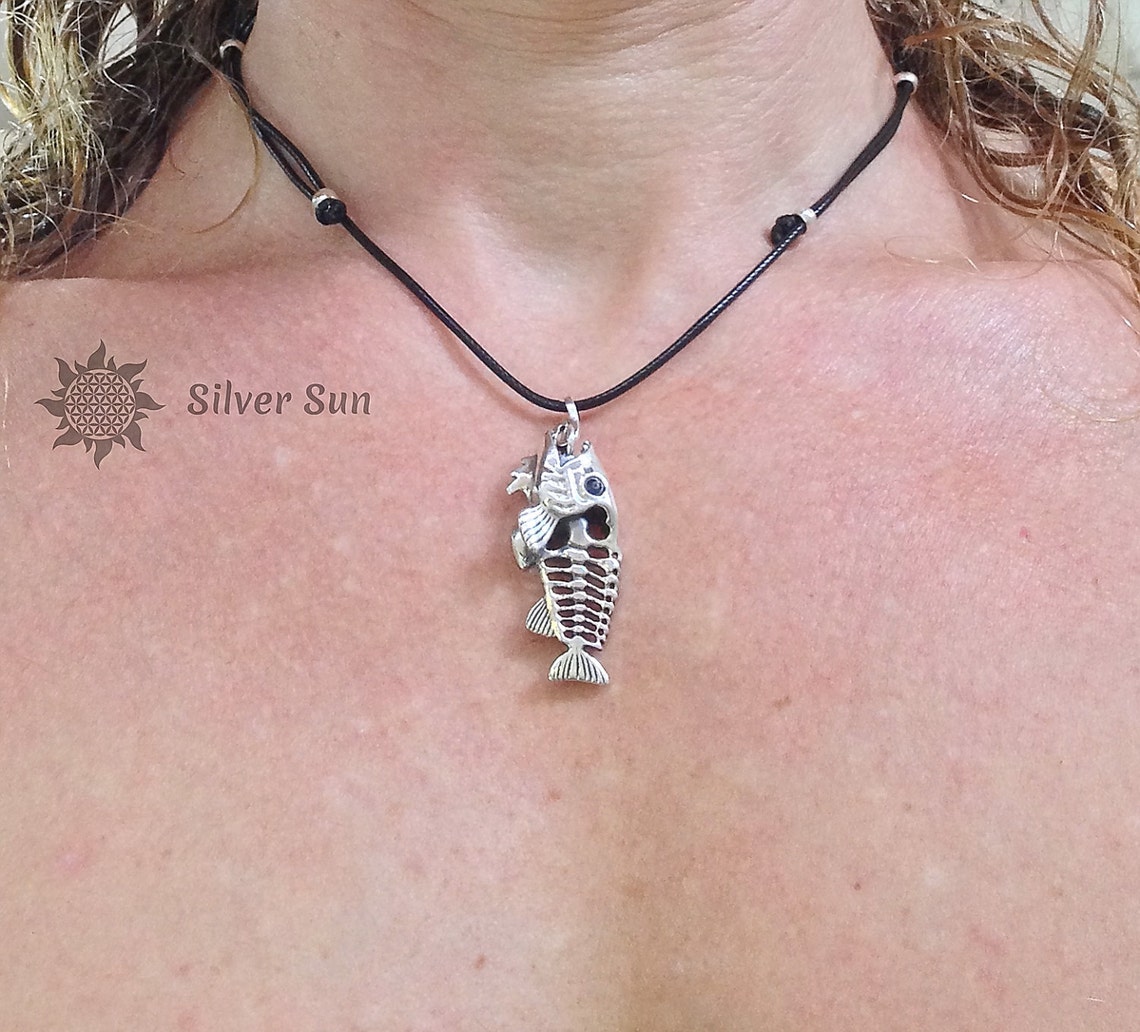 Pendant Barracuda Skeleton Fish Sterling Silver Blue Sapphire Necklace ...