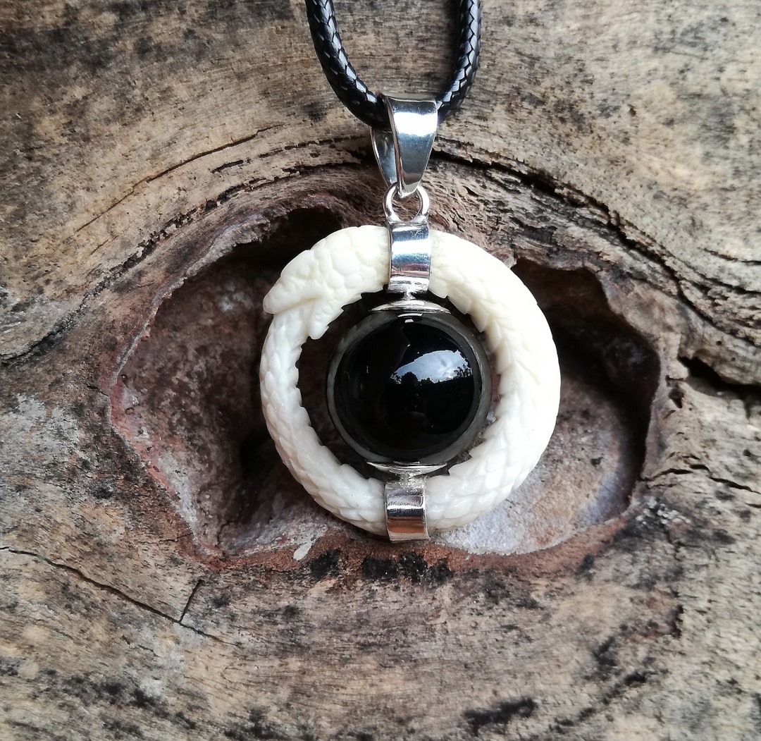 ONLY ONE Uroboros Amulet Pendant White Bone Black Onyx Ball Carving ...