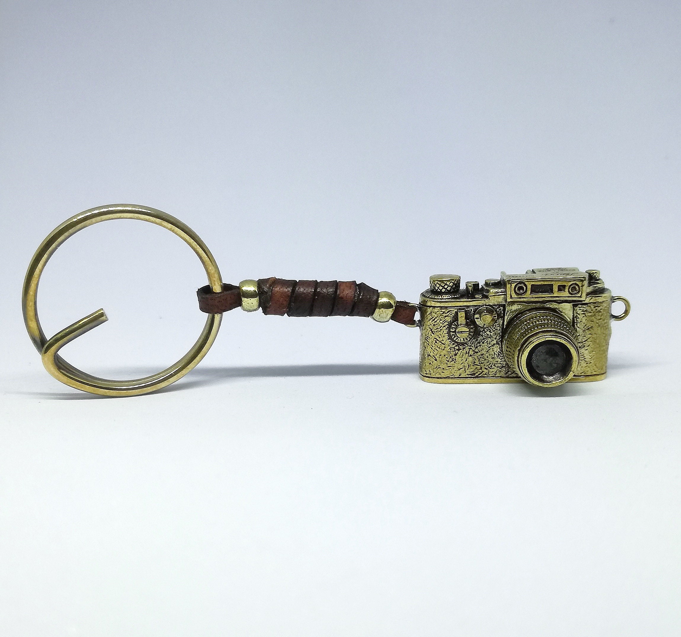 Photo Camera Leica Keychain Yellow Brass and Brown Leather - Etsy