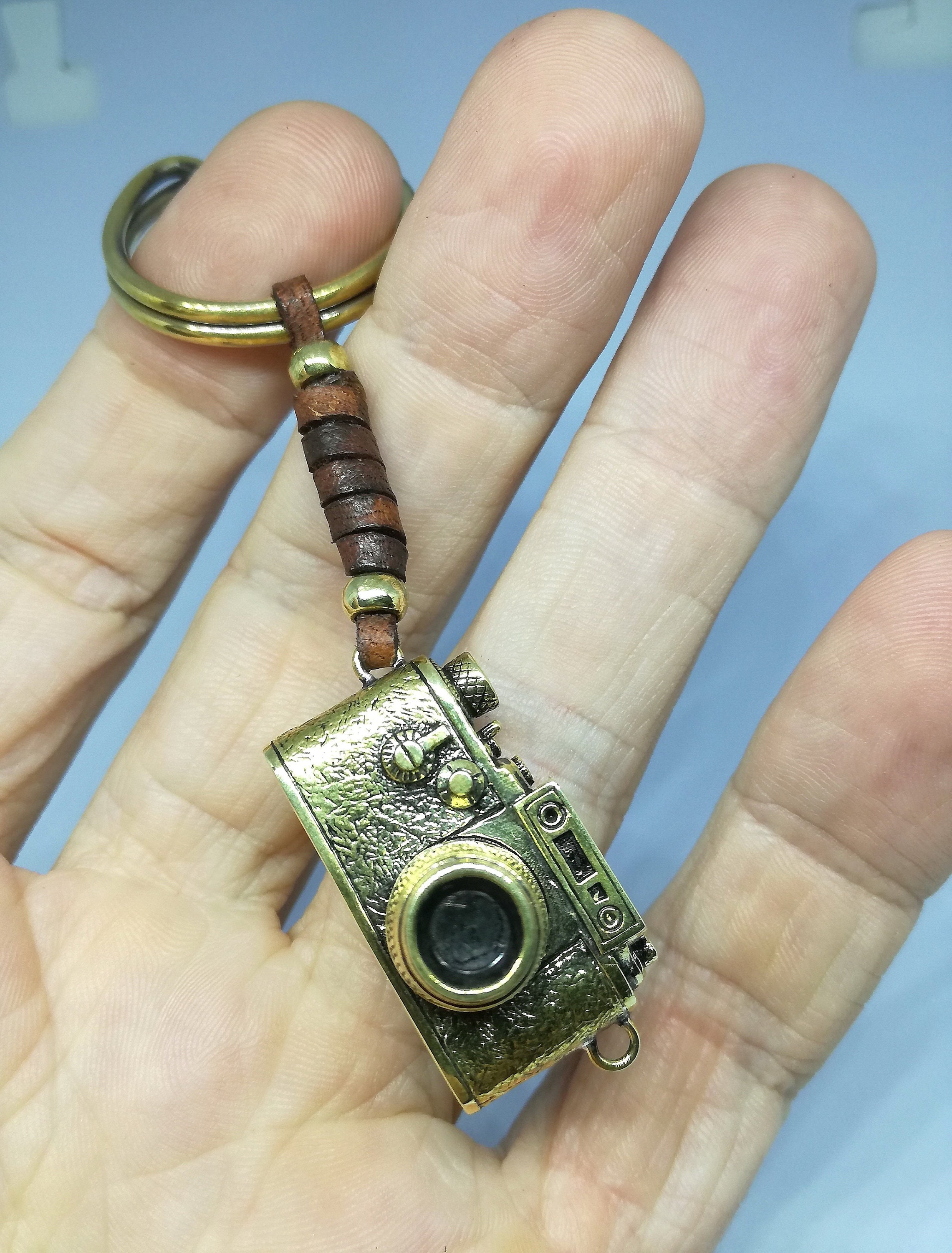 Photo Camera Leica Keychain Yellow Brass and Brown Leather - Etsy