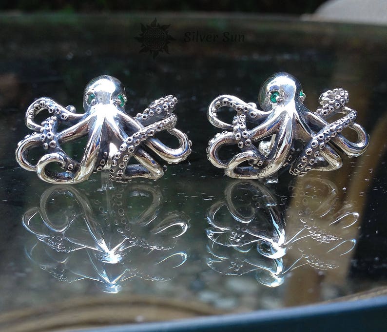 Earrings Octopus Sterling Silver Natural Green Emerald From | Etsy