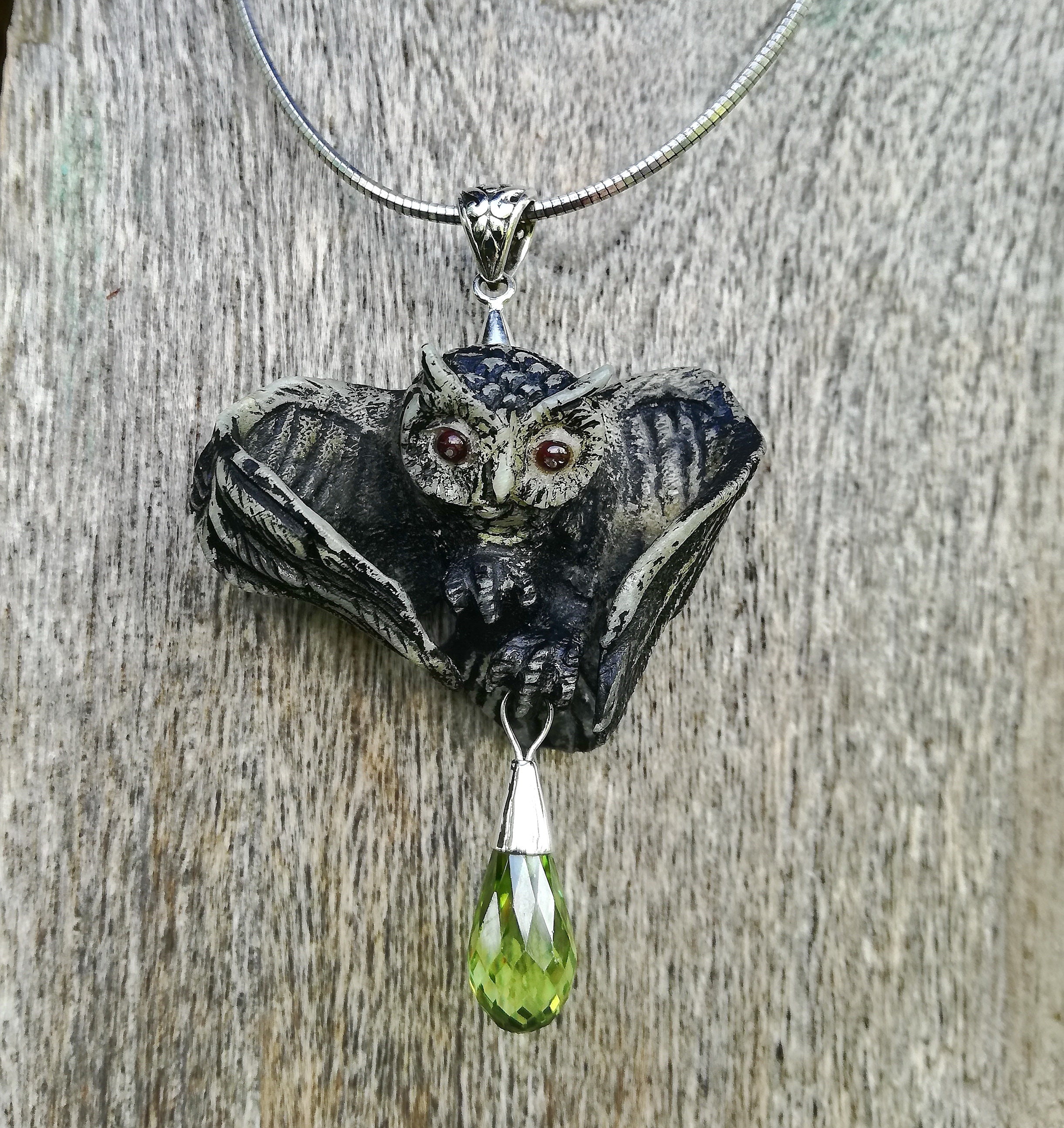 ONLY ONE Black Owl Amulet Pendant Carving Horn Red Garnet | Etsy